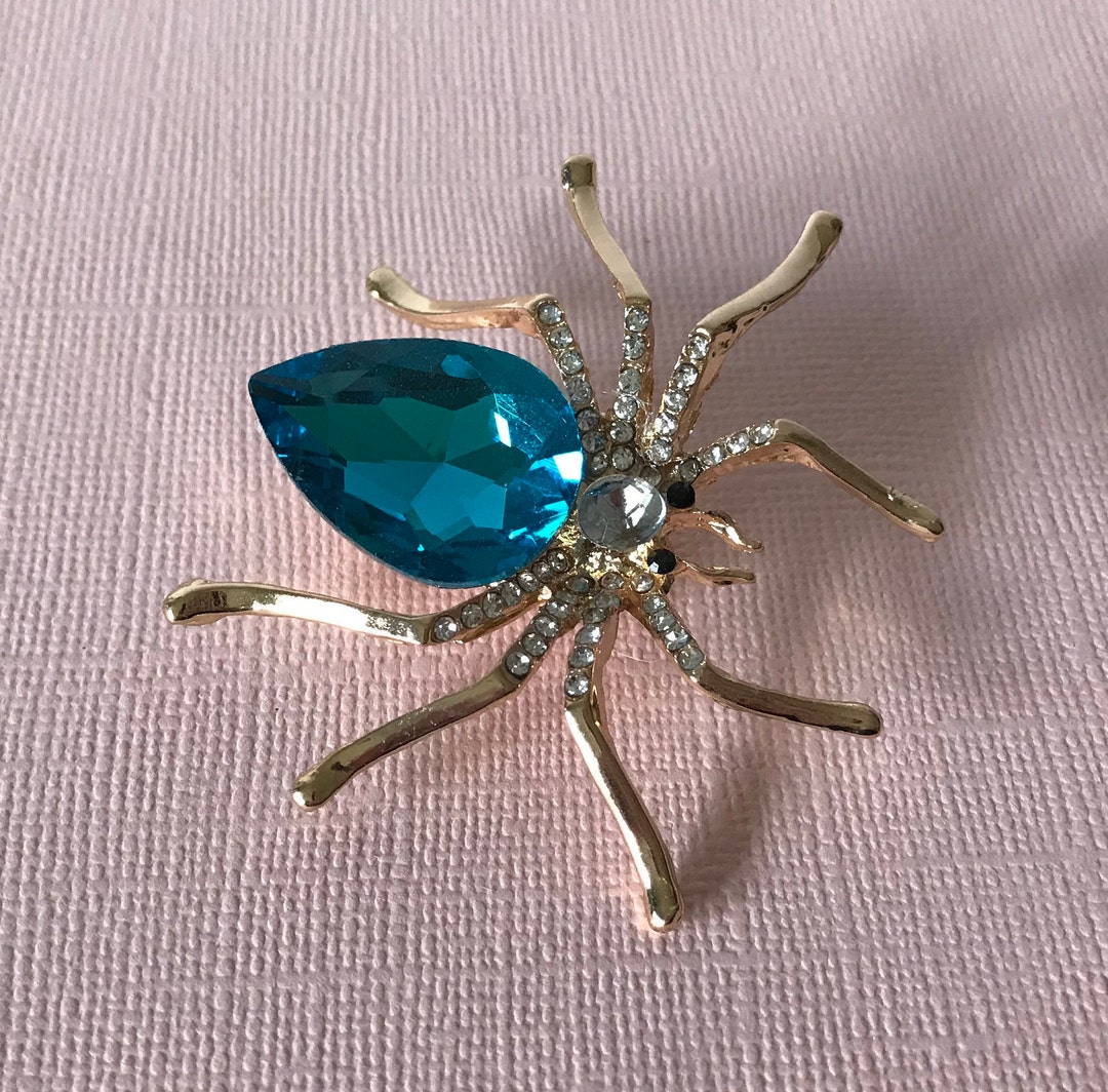 Blue Rhinestone Spider Pin, Gold Spider Pin, Blue Spider Brooch, Aurora ...