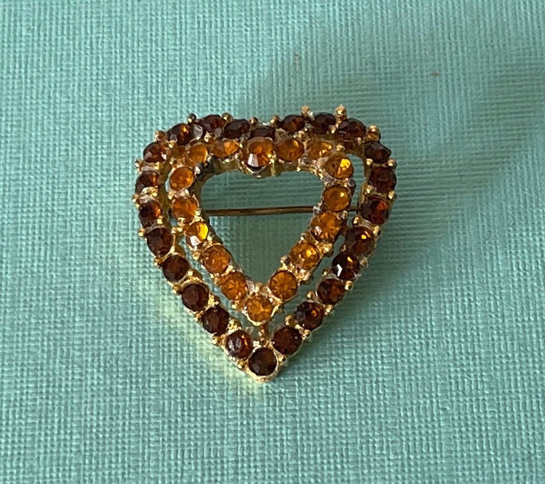 Vintage Heart Brooch, Double Heart Pin, Rhinestone Heart Brooch ...