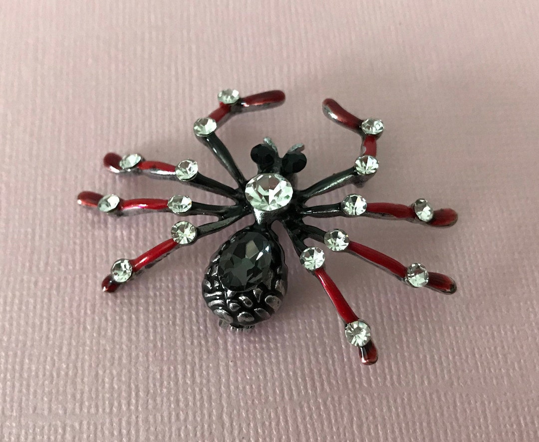 Black and Red Rhinestone Spider Pin, Spider Brooch, Halloween Spider ...