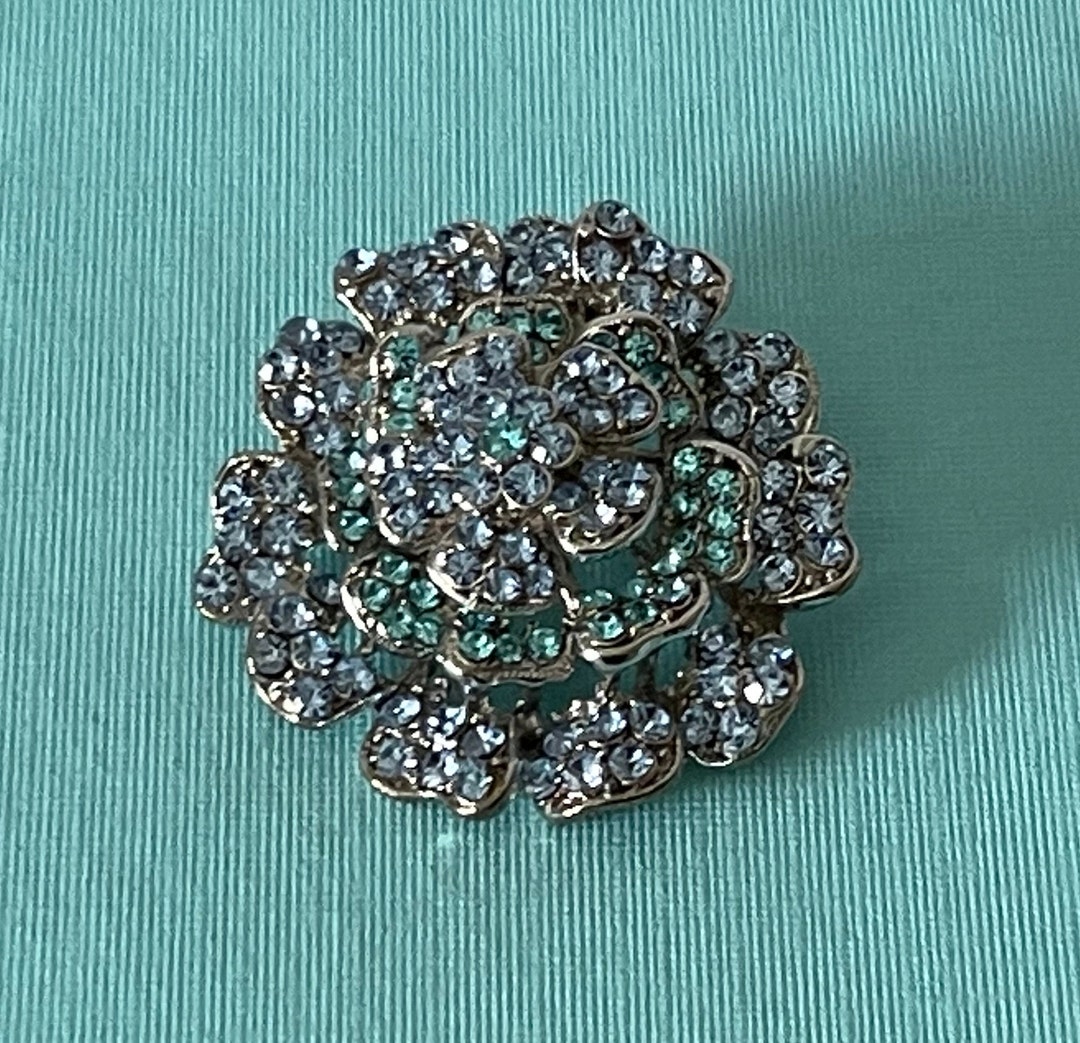 Vintage Blue Flower Brooch Rhinestone Flower Pin Two Tone Blue