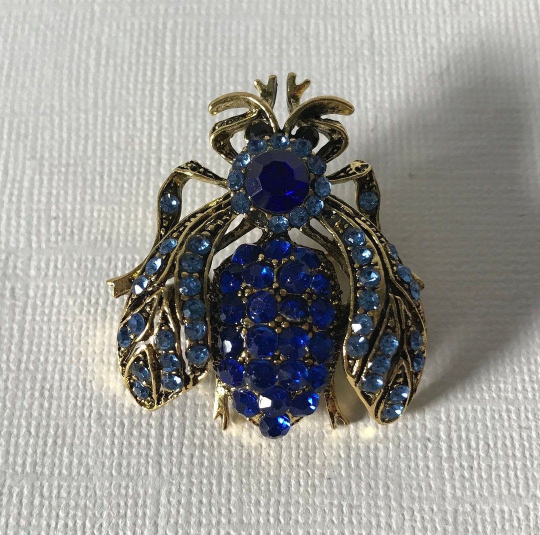 Rhinestone Bee Pin, Blue Rhinestone Bee Pin, Bumble Bee Pin, Fly Pin ...