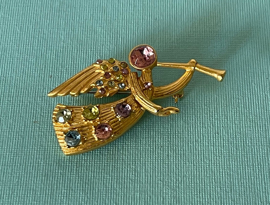 Vintage Angel Brooch, Rhinestone Angel Pin, Gold Angel Brooch, Angel ...