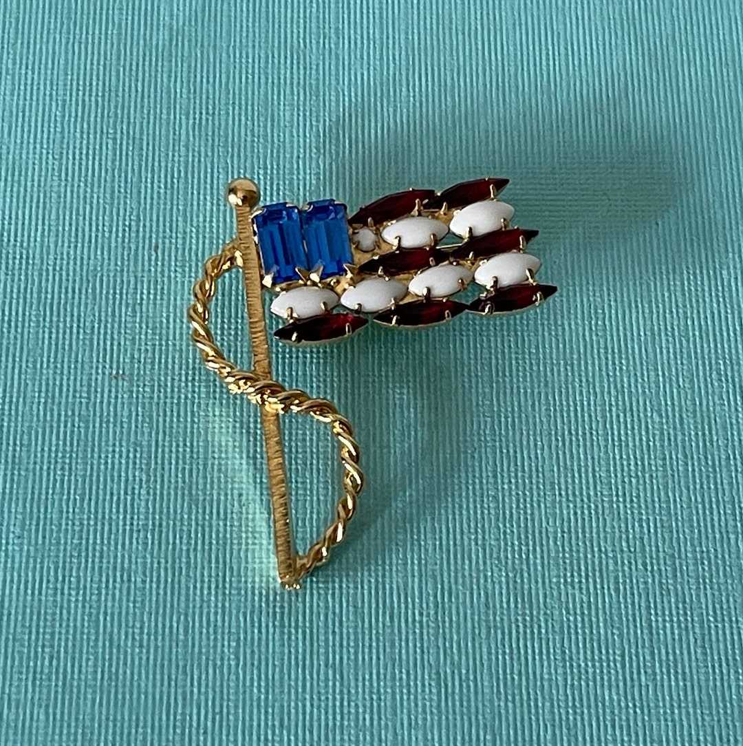 Vintage American Flag Brooch, Rhinestone Flag Pin, Maga