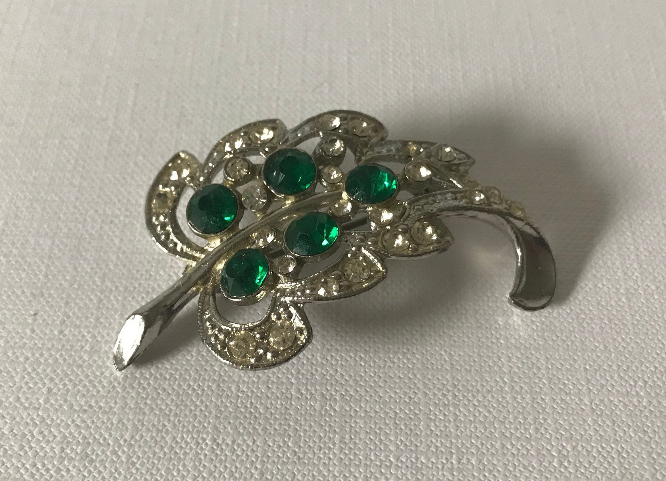 Vintage rhinestone leaf pin green rhinestone leaf pin leaf | Etsy