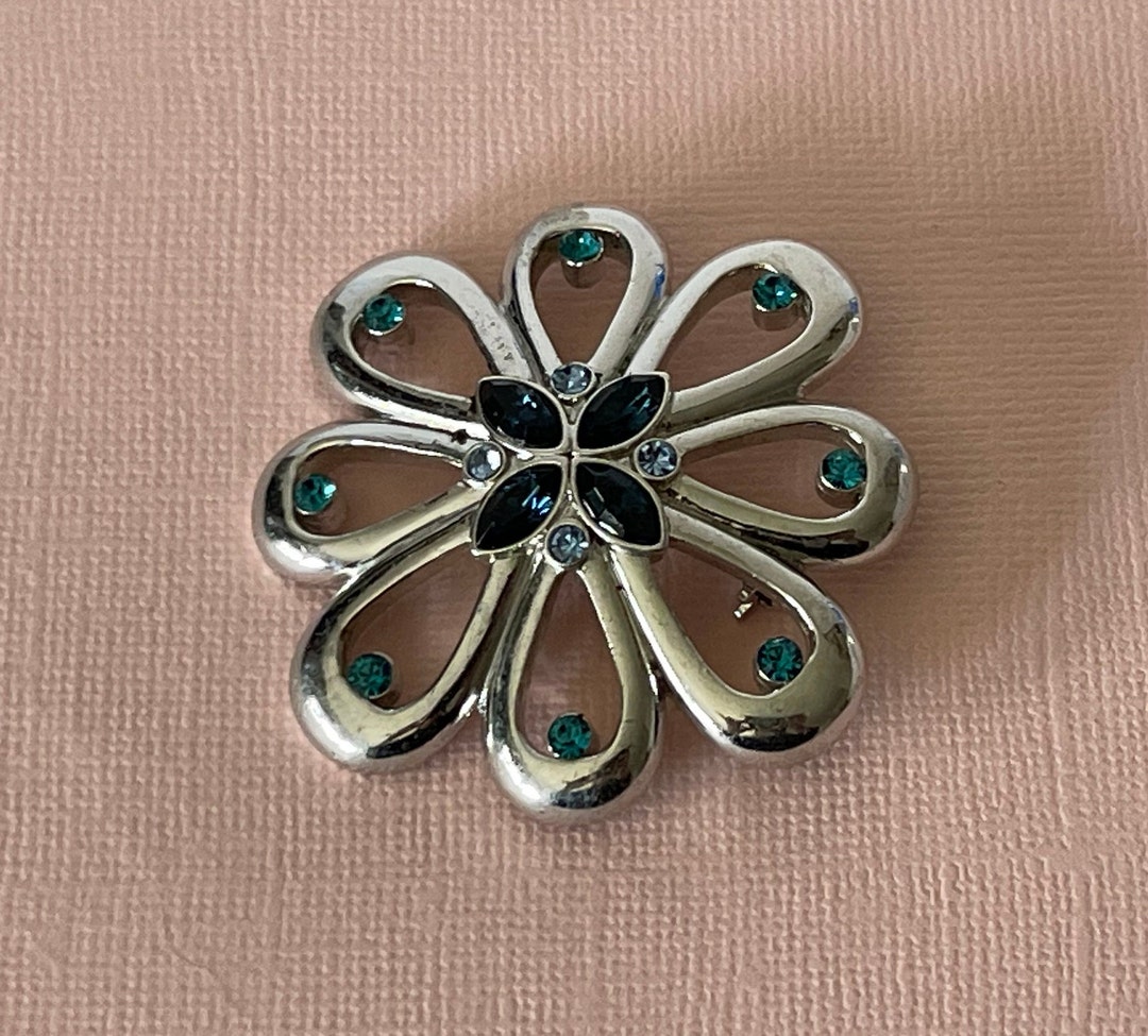Vintage Flower Brooch, Blue Flower Pin, Daisy Flower Brooch, Silver ...