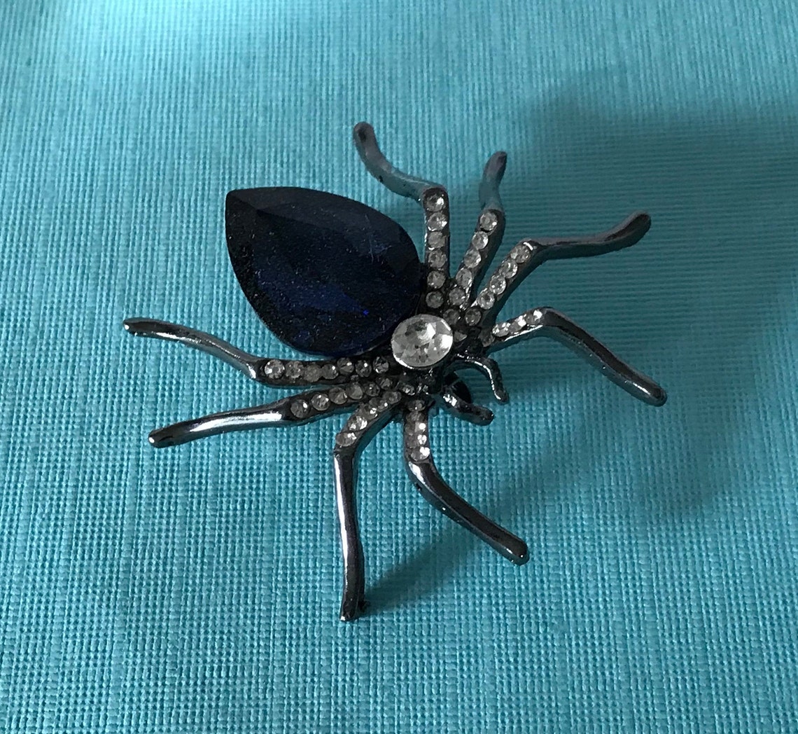 Blue Rhinestone Brooch Black and Blue Spider Pin Black and - Etsy