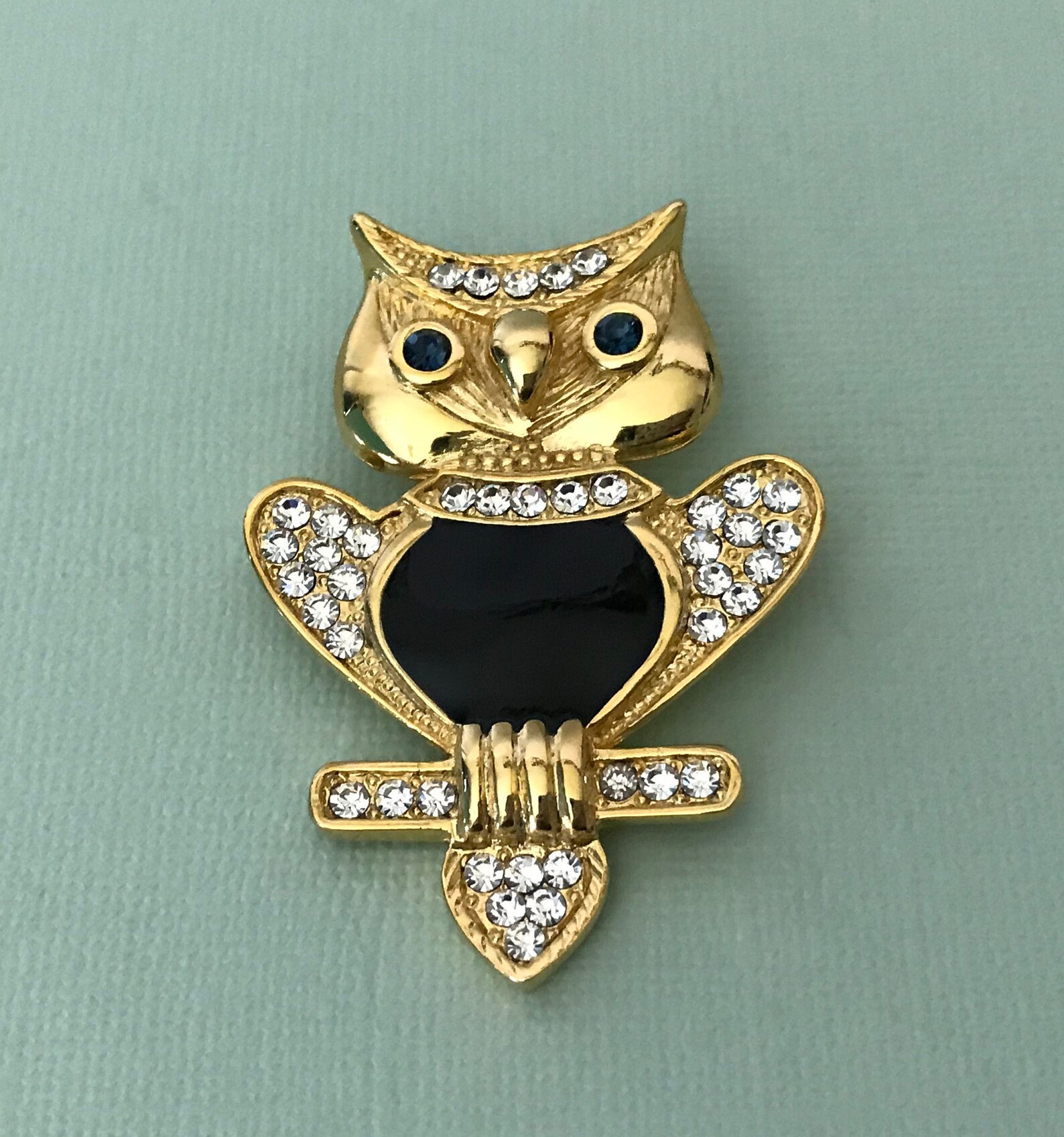 Vintage Rhinestone Owl Pin Owl Brooch Gold and Black Owl | Etsy