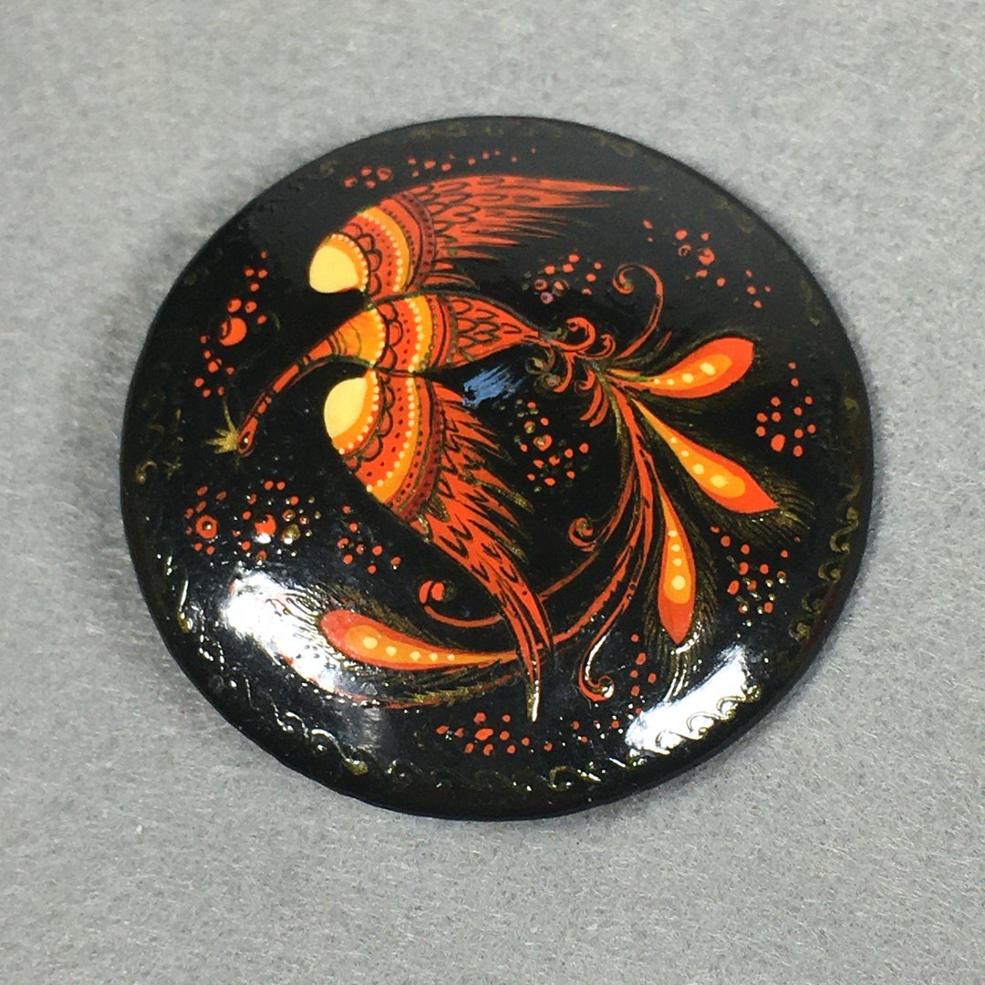 Vintage Russian Lacquered Wood Phoenix Fire Bird Brooch Pin Hand ...