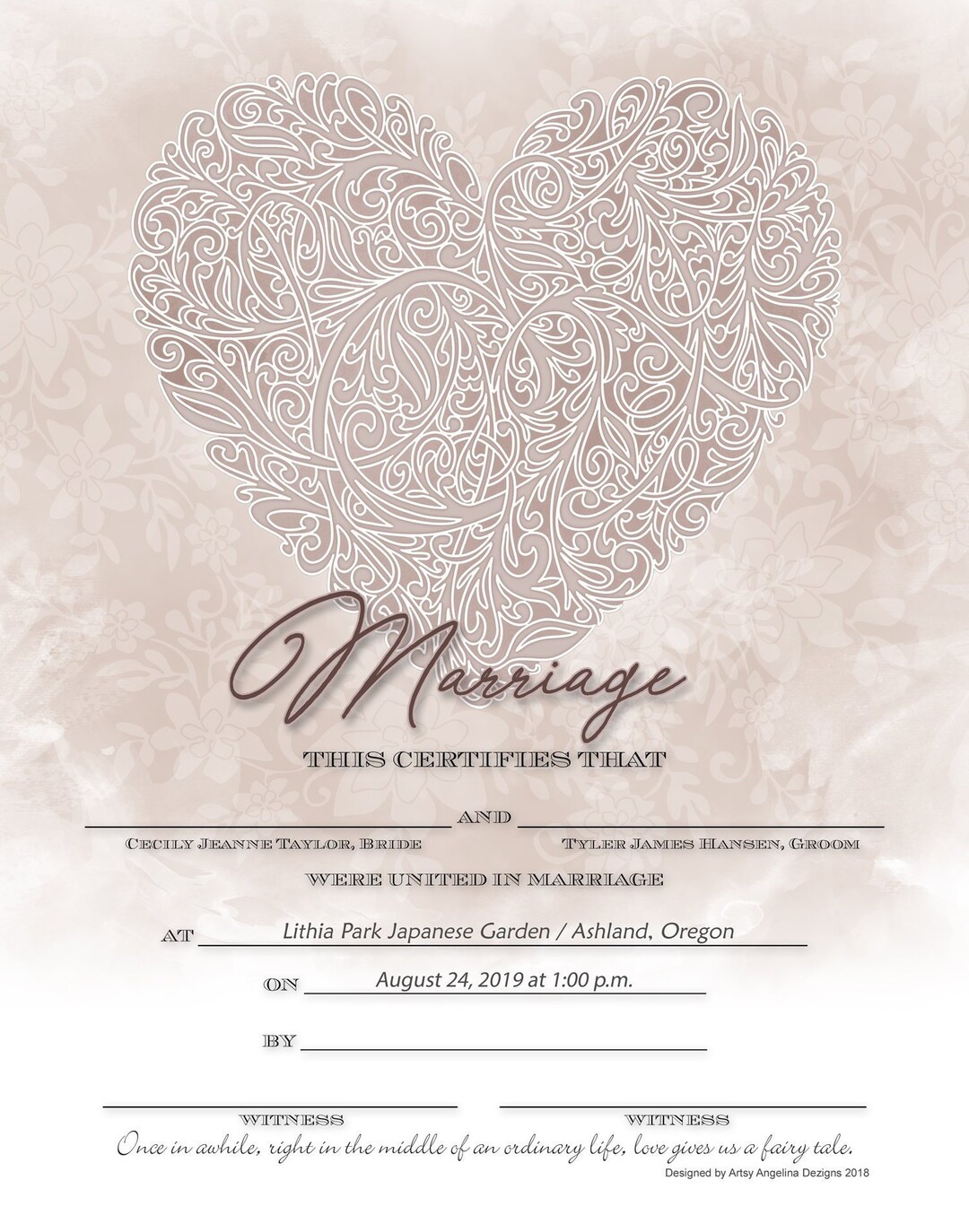 Romantic Heart Orig. Art, DIY Marriage Certificate, Marriage ...