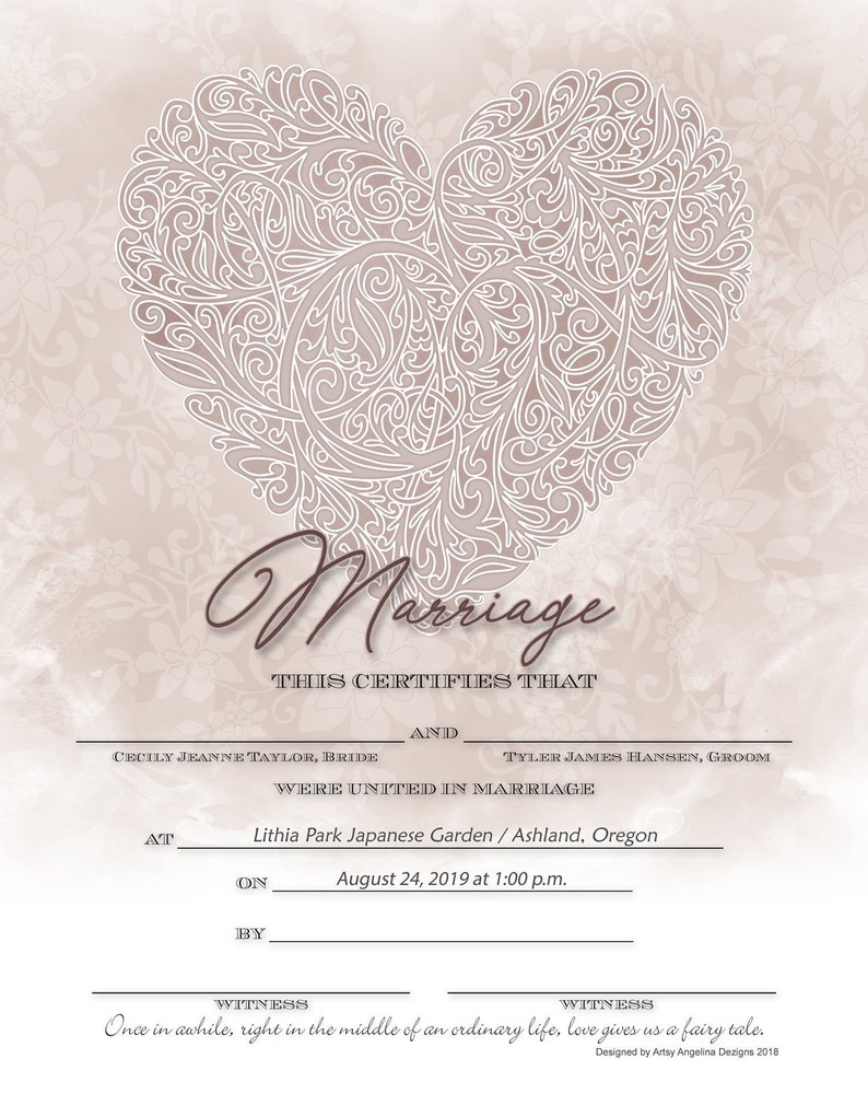 Romantic Heart Orig. Art, DIY Marriage Certificate, Marriage ...