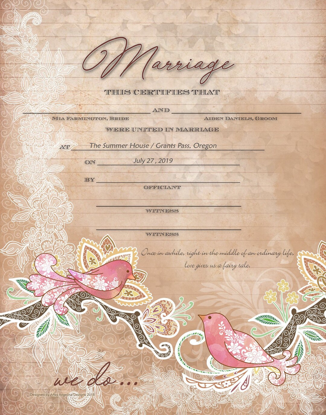 Lacey Love Birds Marriage Certificate, Original Art DIY Wedding ...
