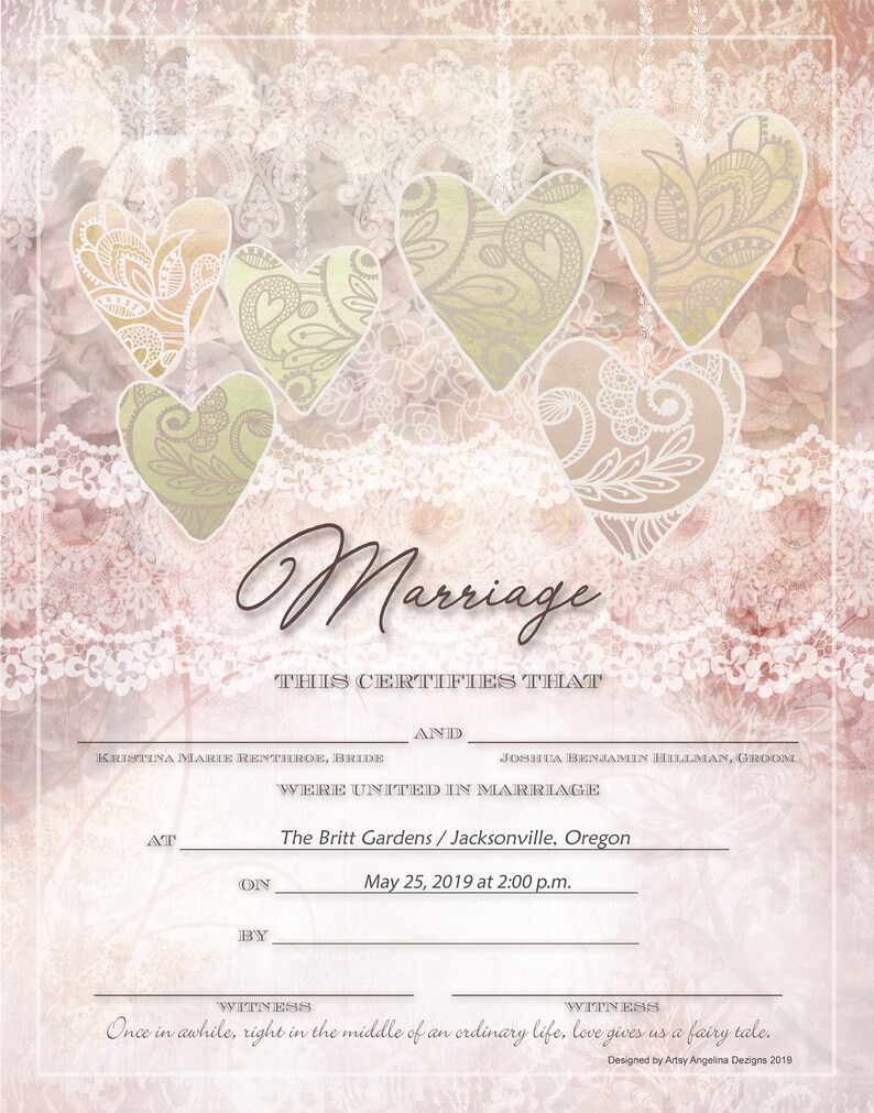 Vintage Hearts, DIY Marriage Certificate, Original Art, Marriage ...