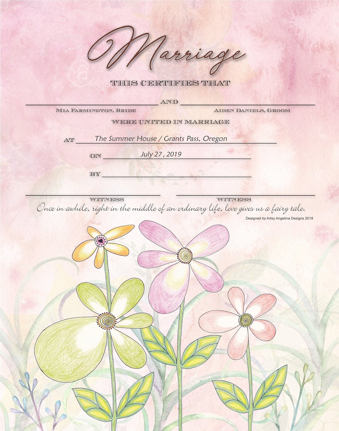 Funky Flowers Orig. Art, DIY Marriage Certificate, Marriage Certificate ...