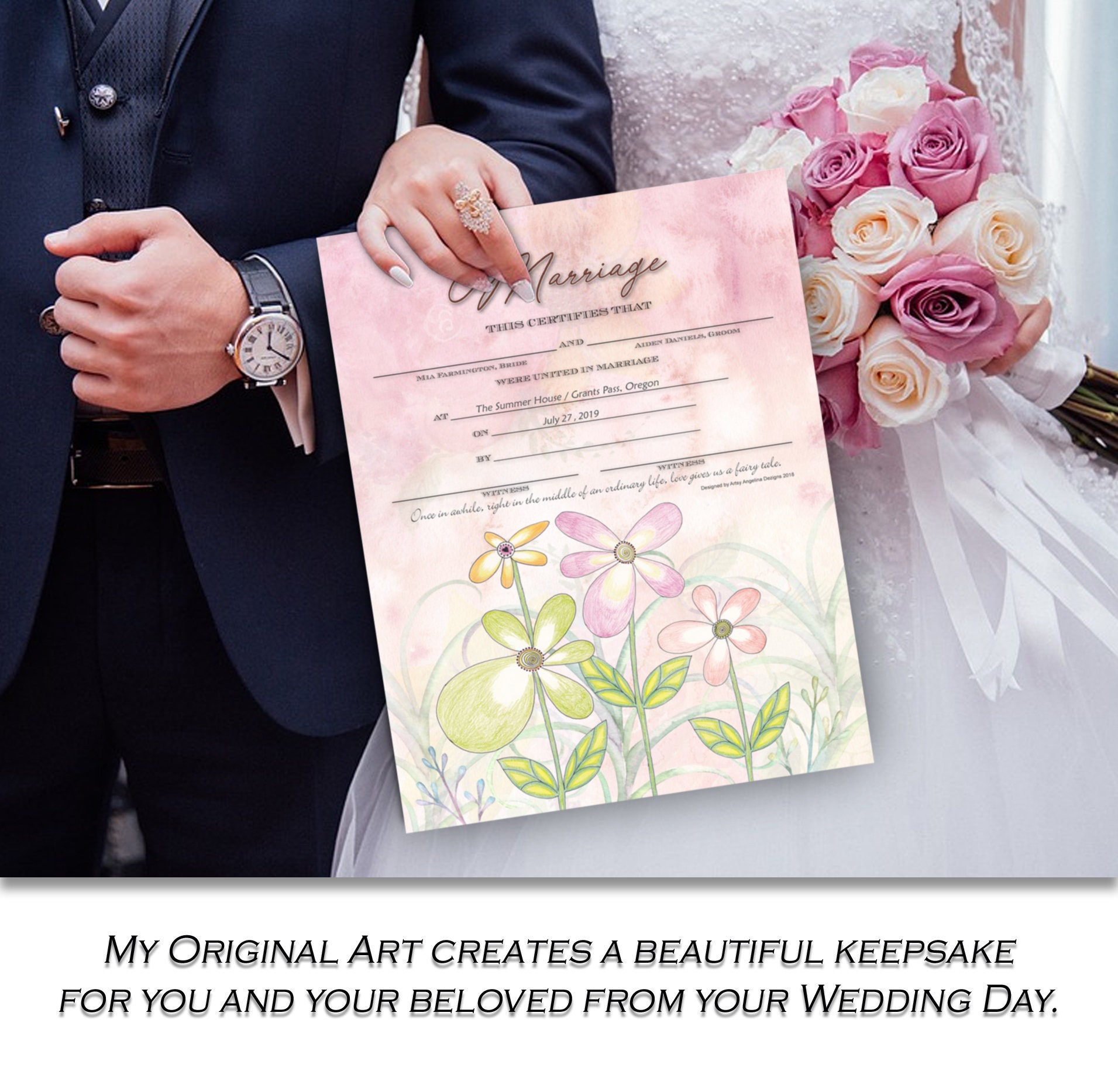 Funky Flowers Orig. Art, DIY Marriage Certificate, Marriage Certificate ...