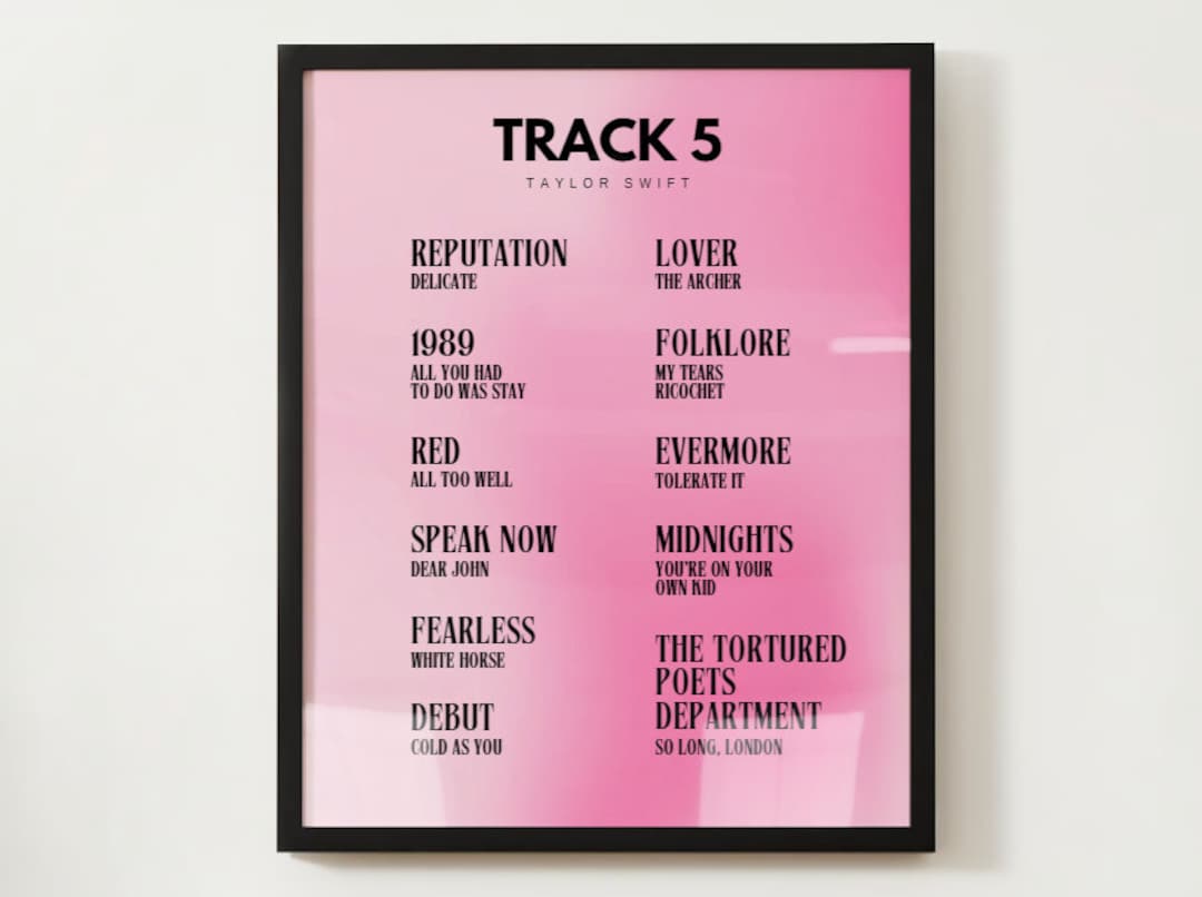 Taylor Swift Track 5 Songs Wall Art Lover, Reputation, Debut, TTPD, Red, Speak Now, Fearless ...