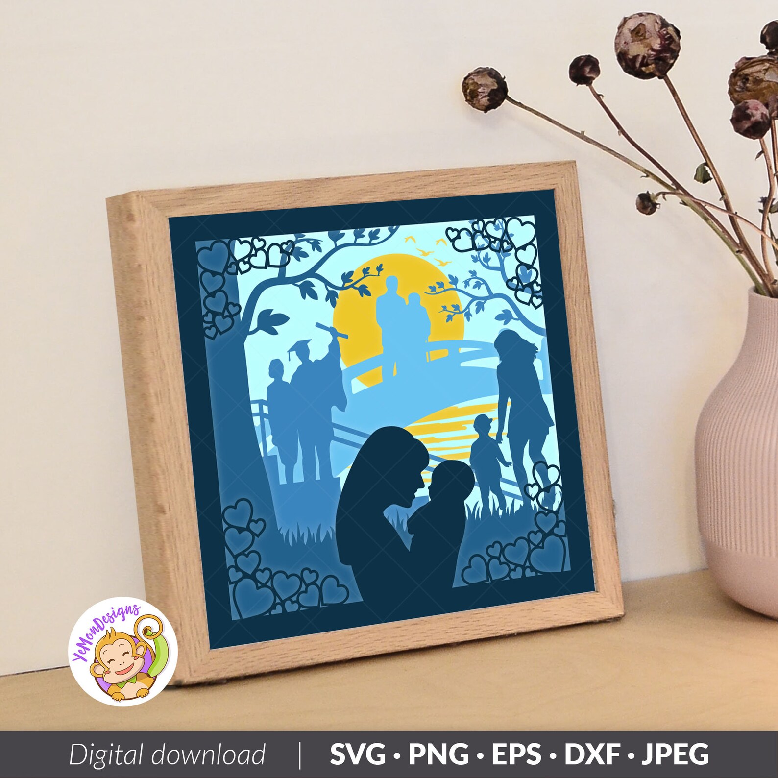 Mothers Day 3D Shadow Box Template, Mother Son Gift Paper Cut Light Box ...