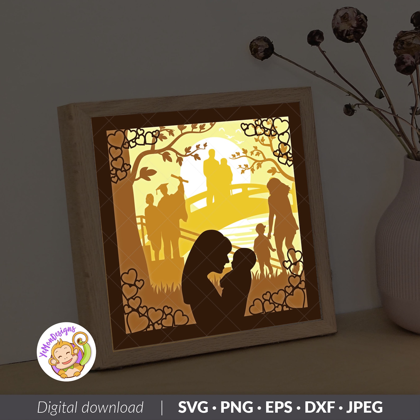 Mothers Day 3D Shadow Box Template, Mother Son Gift Paper Cut Light Box ...