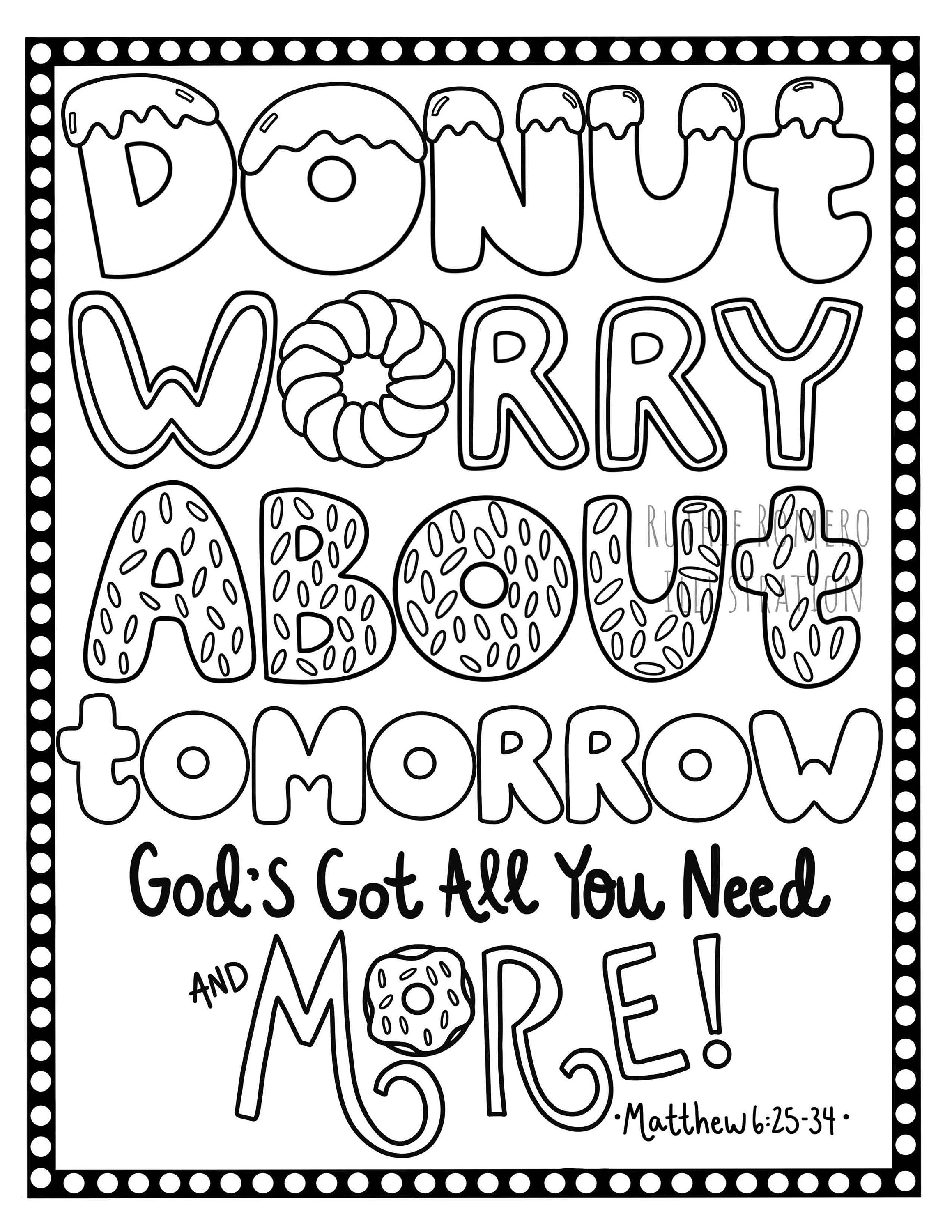 Donut Worry Coloring/dont Worry About Tomorrow Scripture/donut Pun ...