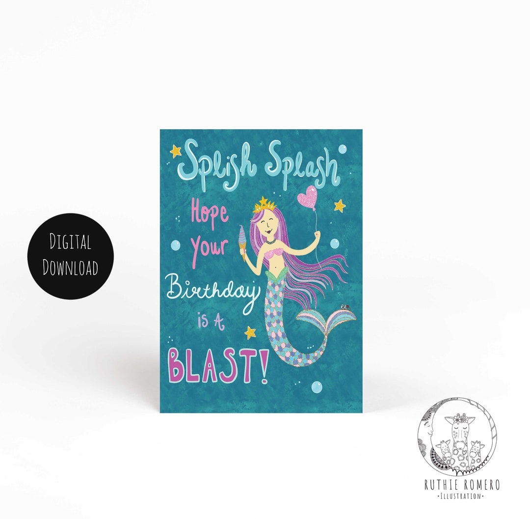 Printable Mermaid Birthday Card/pretty Mermaid Birthday/splish - Etsy