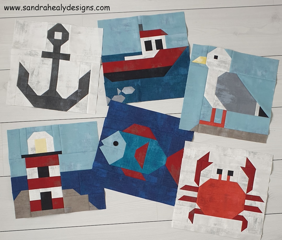 Nautical Quilt Block Pattern Bundle: Seagull, Crab, Anchor, Boat, Fish ...