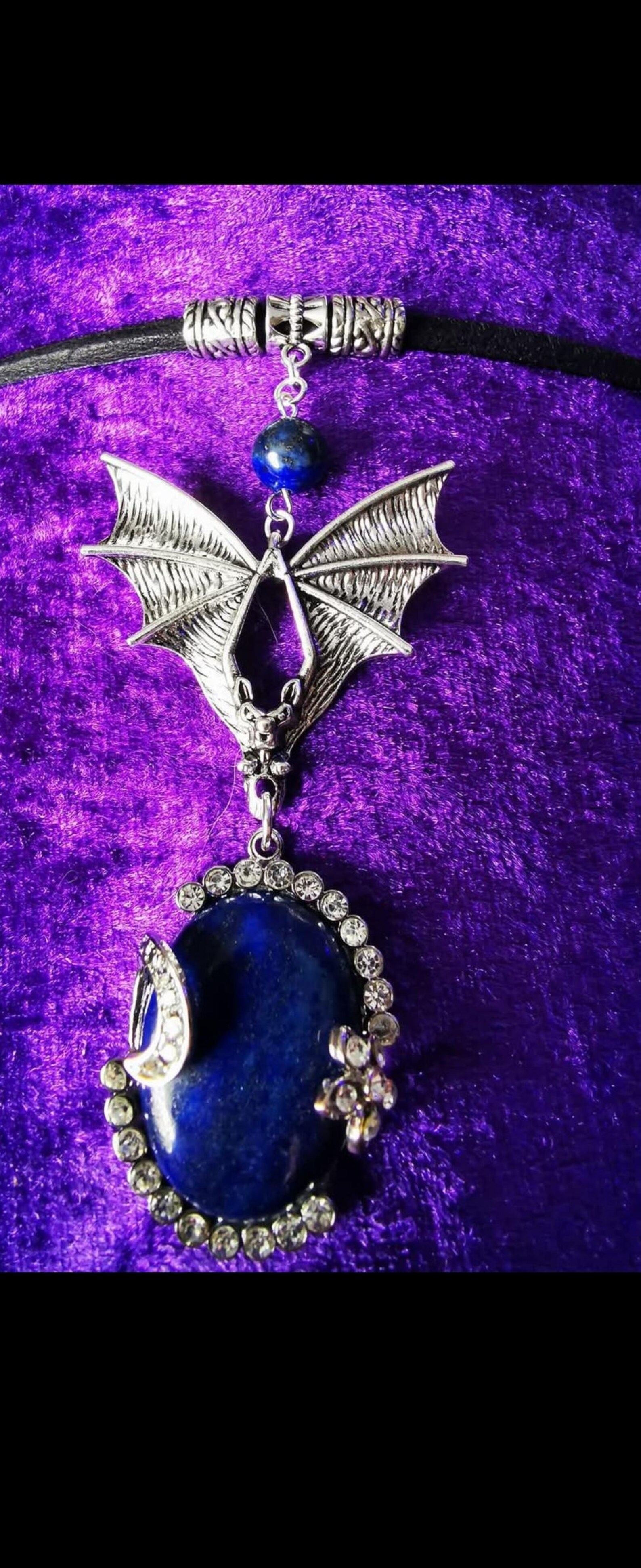 Gemstone and Vampire Bat Pendant on Leather Choker Necklace Unisex ...