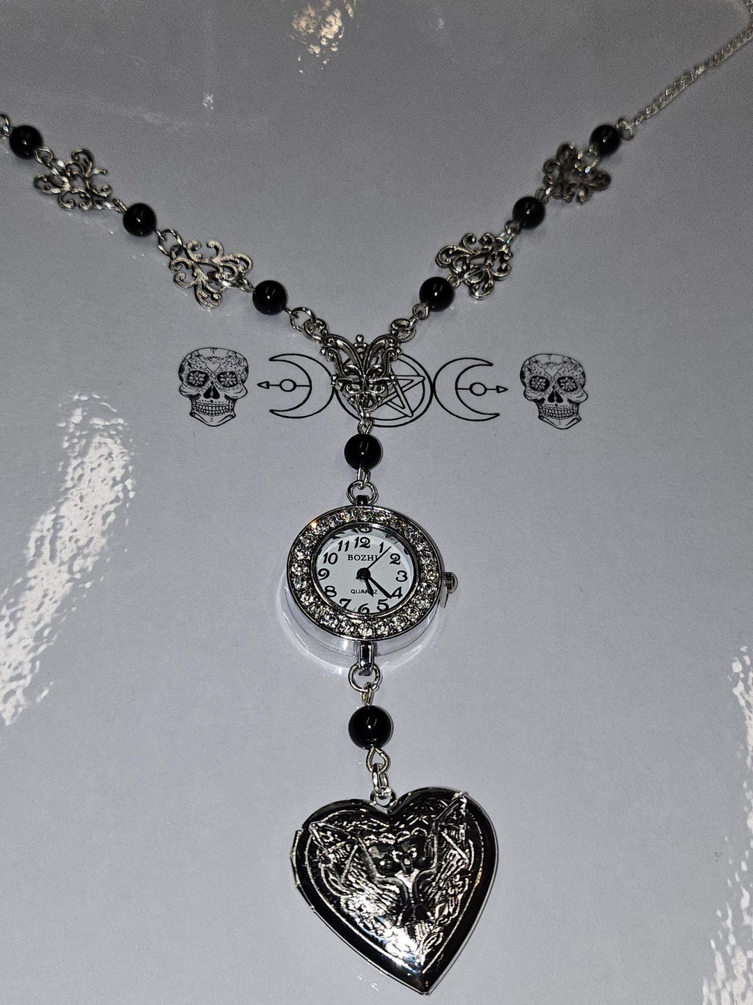 Vampire Bat Locket With Watch and Gemstone Necklace Unusual Unisex ...
