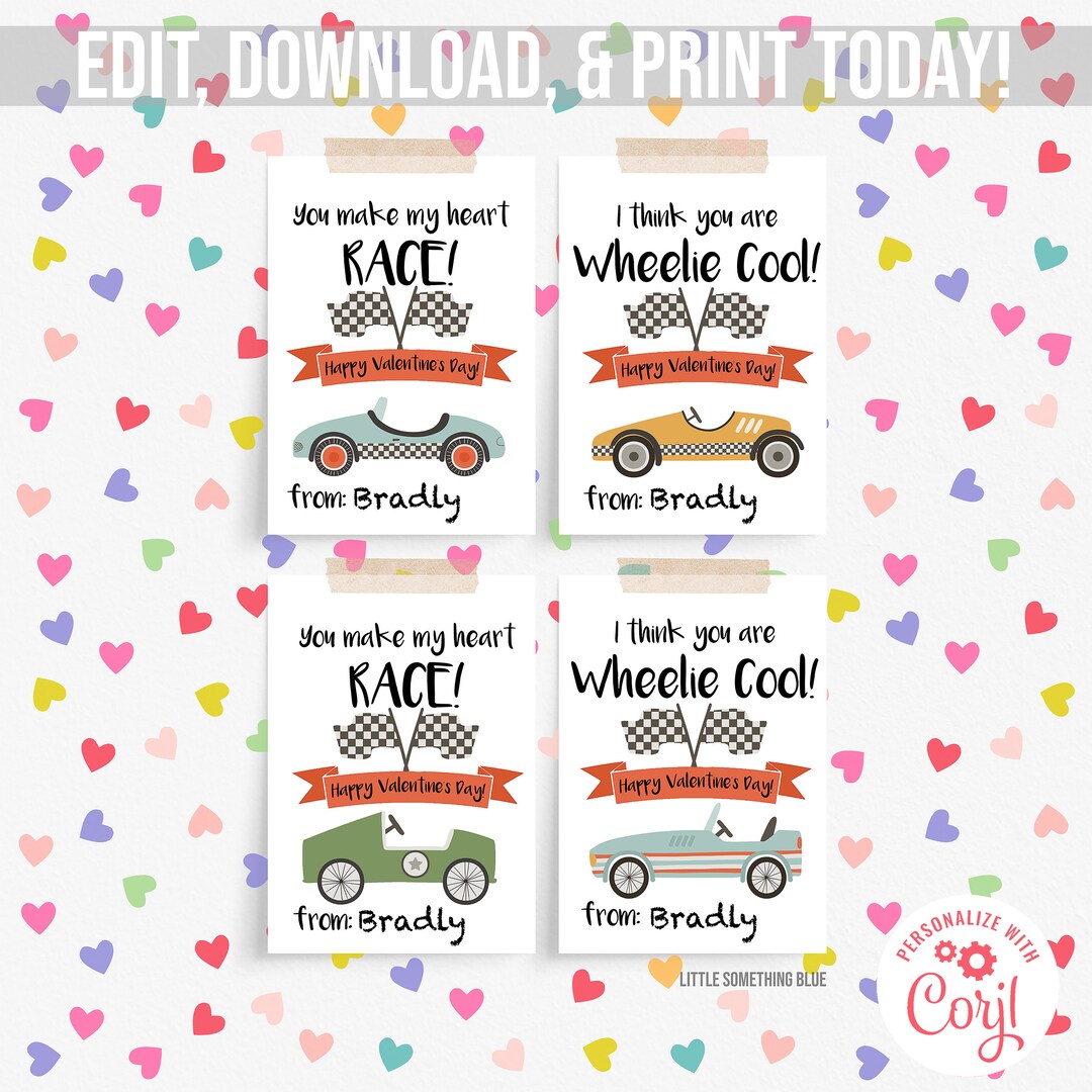 Race Car Printable Valentine's Cards Candy Free Valentine Non-candy ...