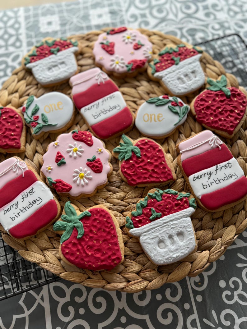 Strawberry Themed Sugar Cookies | Berry First Birthday | Sweet One - Etsy