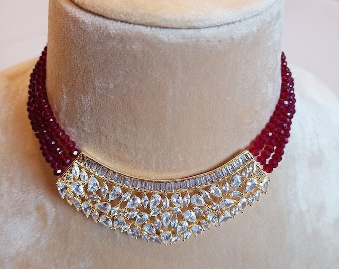 Ruby Red Crystal Necklace, Indian Bridal Statement Jewelry, Pakistani ...