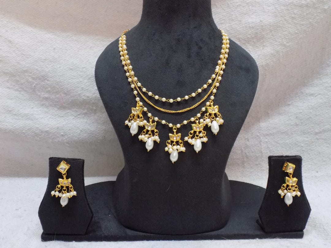 Flower CZ Stone Ear Chain / Meatal Pearl Bead Hanging Triple Layer ...