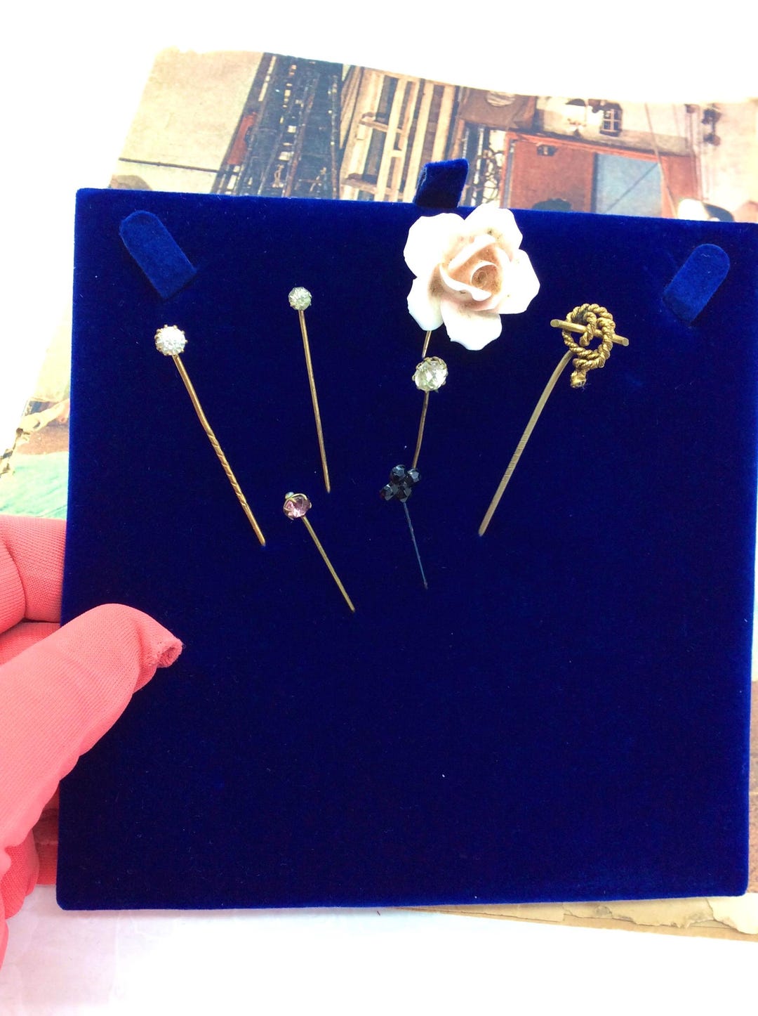 Vintage Hat Pins, Vintage Lapel Cravat Pins, Diamonte Stones, Porcelain ...