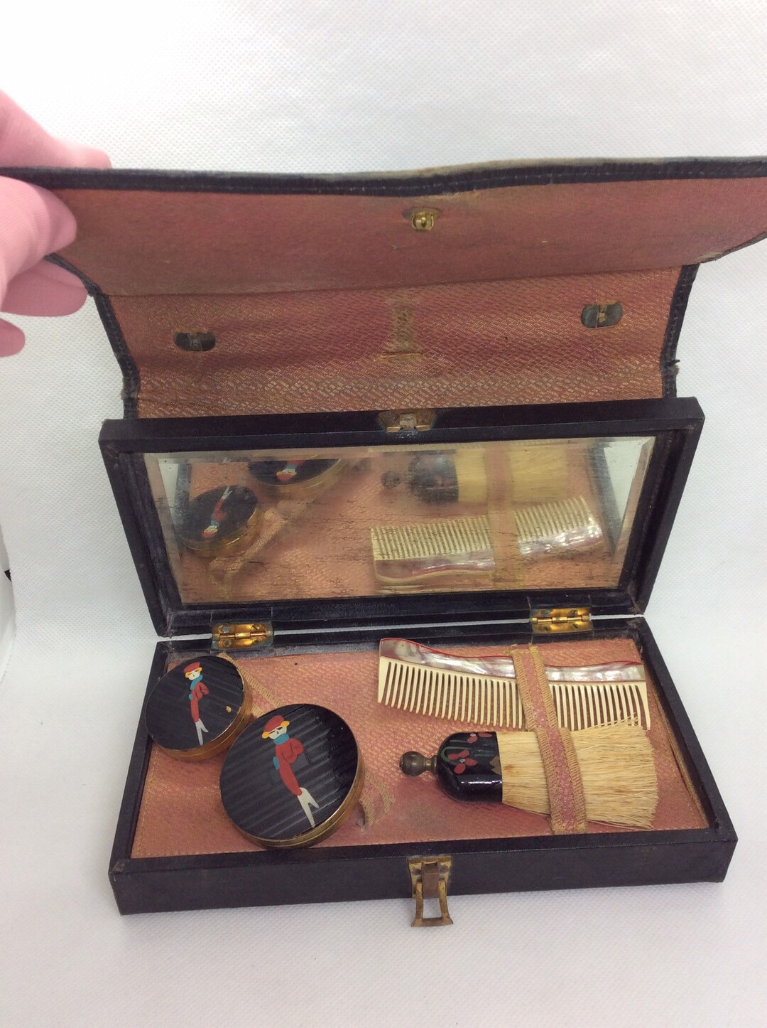 Very Rare Art Deco Vanity Case With Powder Compact and Rouge Tins ,comb ...