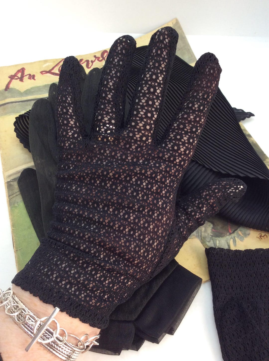 Vintage 2 Pairs of Black Lacy Gloves and Black Vintage Pleated Scarf - Etsy