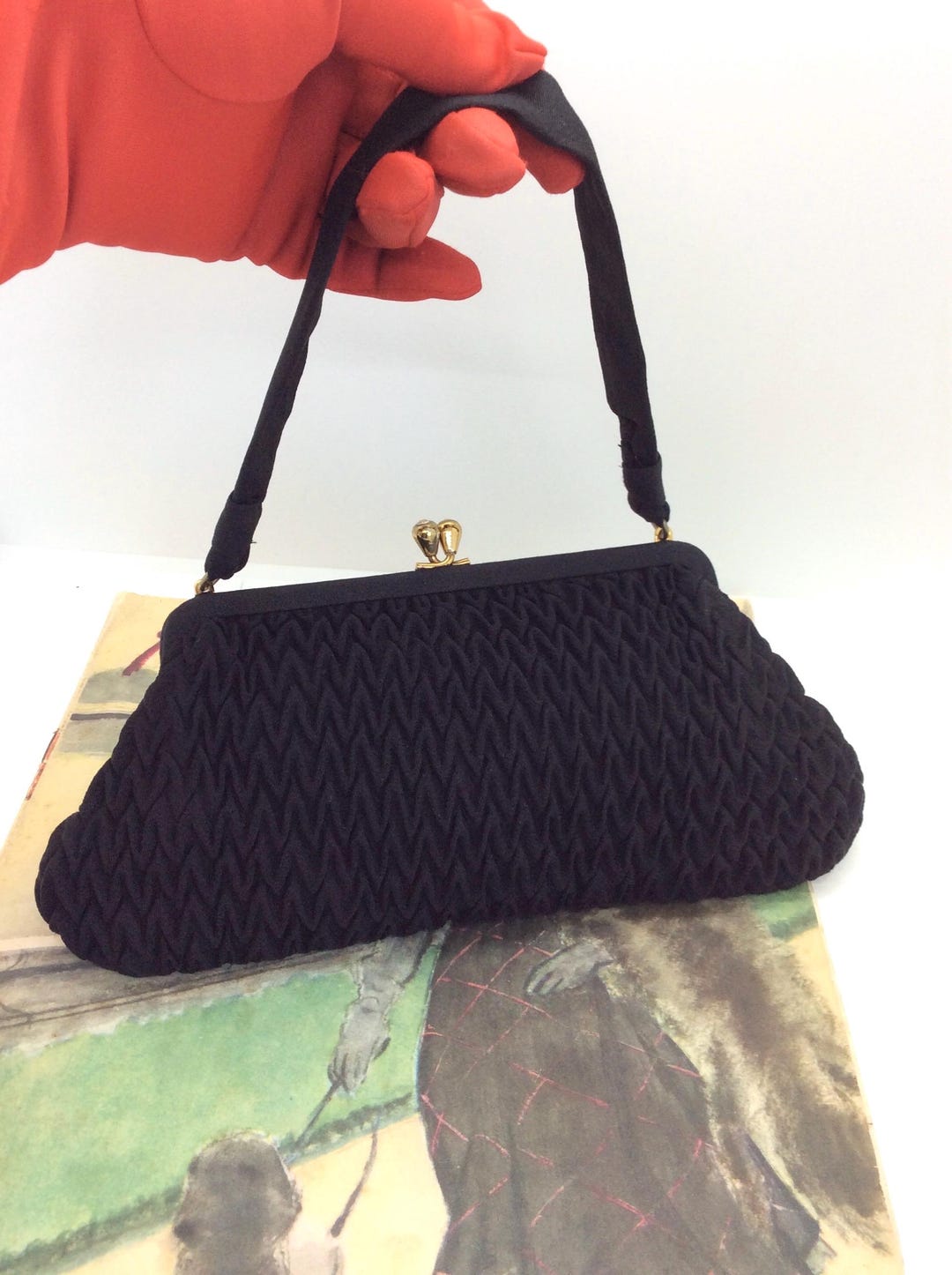 Vintage Pretty Black Crepe Bag With Diamonte Clasp - Etsy
