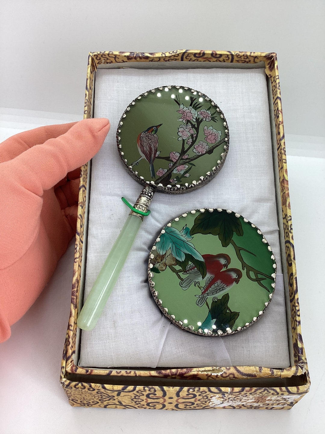 Vintage Hand Mirror and Compact Mirrored Box With Jade Handle - Etsy