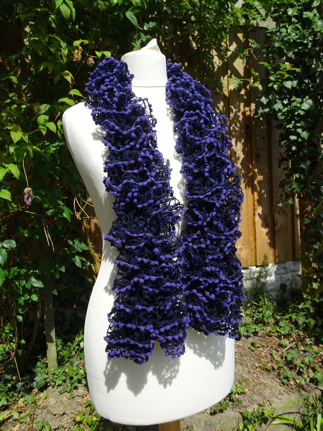 Navy Blue Ruffle Scarf With Purple Mini Pom Pom Edging, Navy Frilly ...