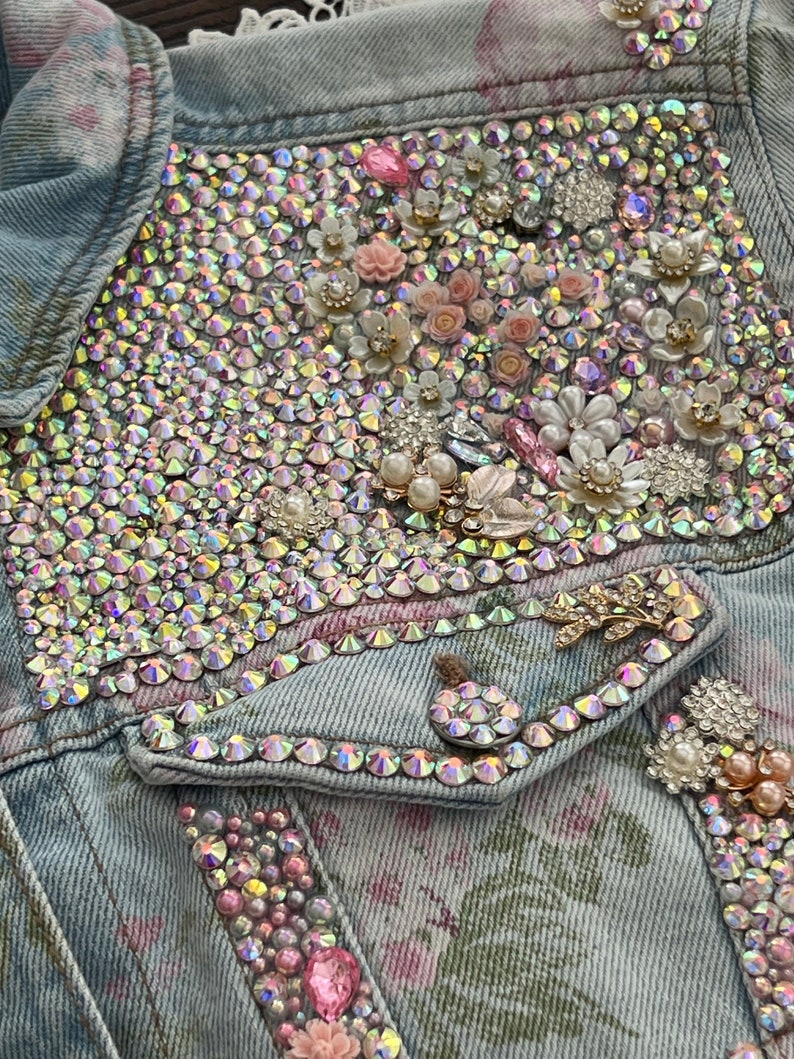 Rhinestone on Rose Vintage Denim Jacket - Etsy