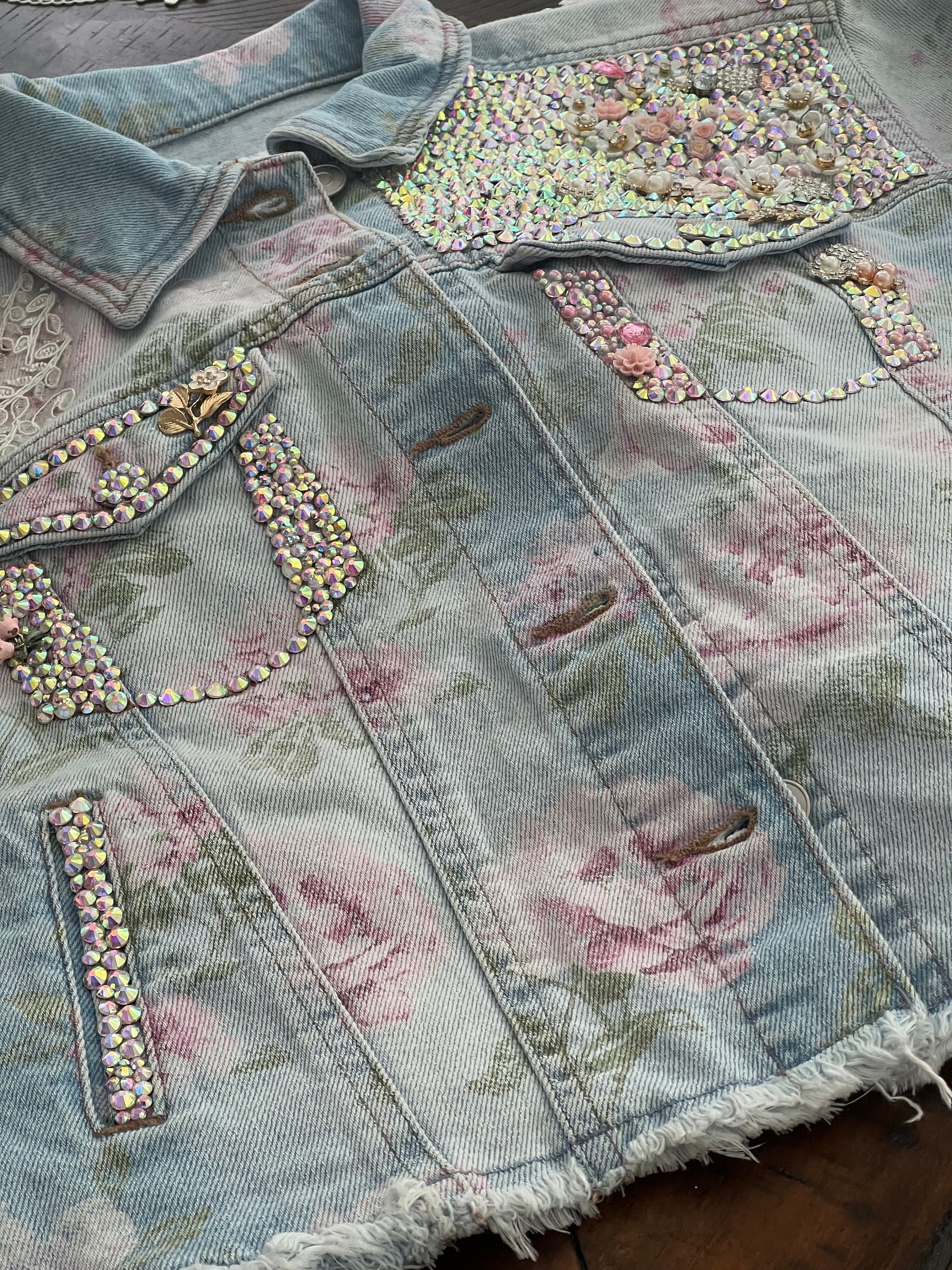 Rhinestone on Rose Vintage Denim Jacket - Etsy