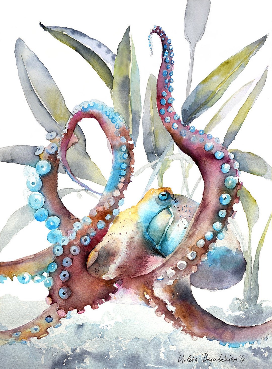 Octopus and Leaves Watercolor Print Surreal Art Wall Art Watercolor ...