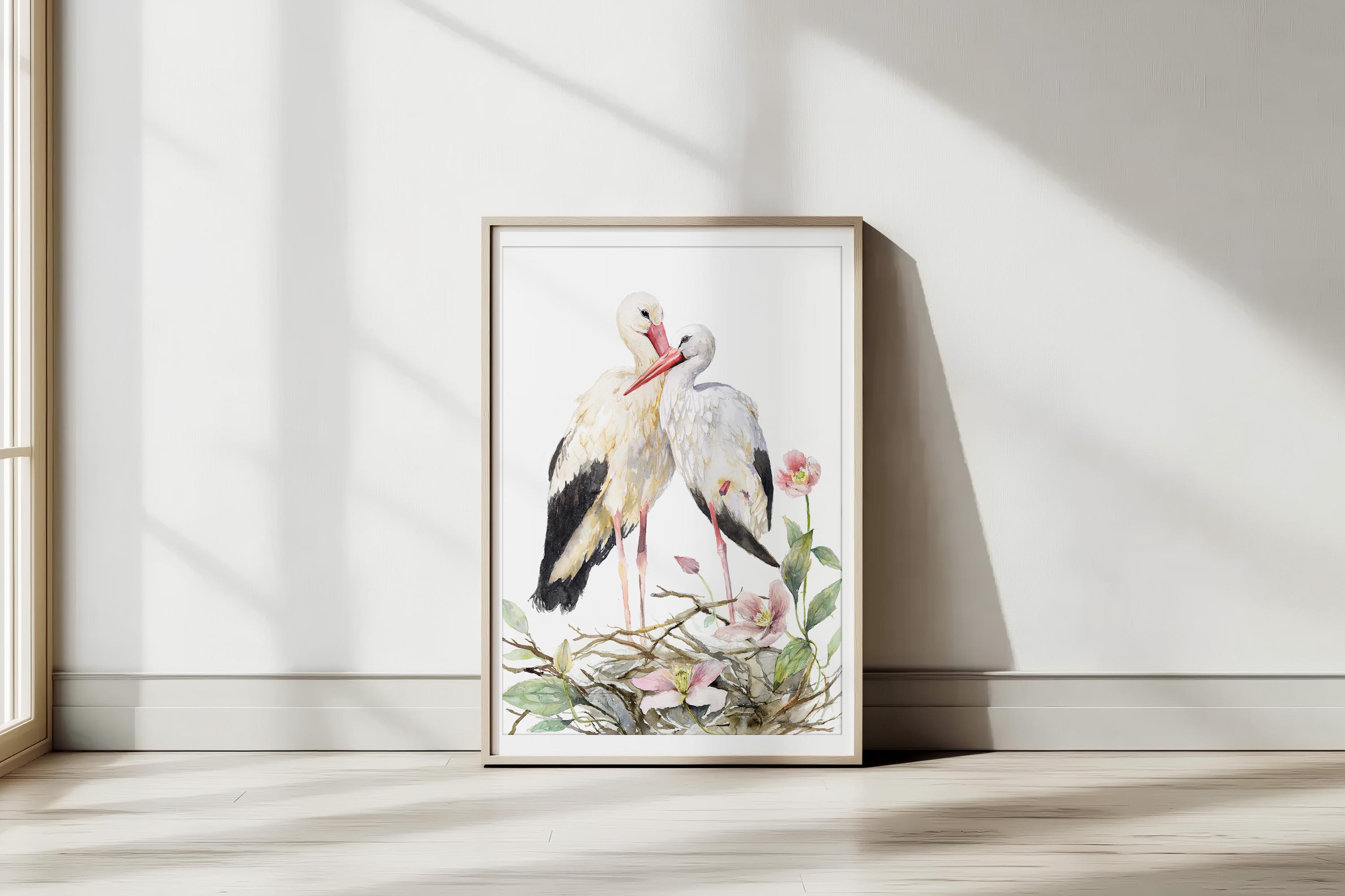 Stork Print Art, Watercolor Print, Stork Bird Nest Wall Print, Stork ...