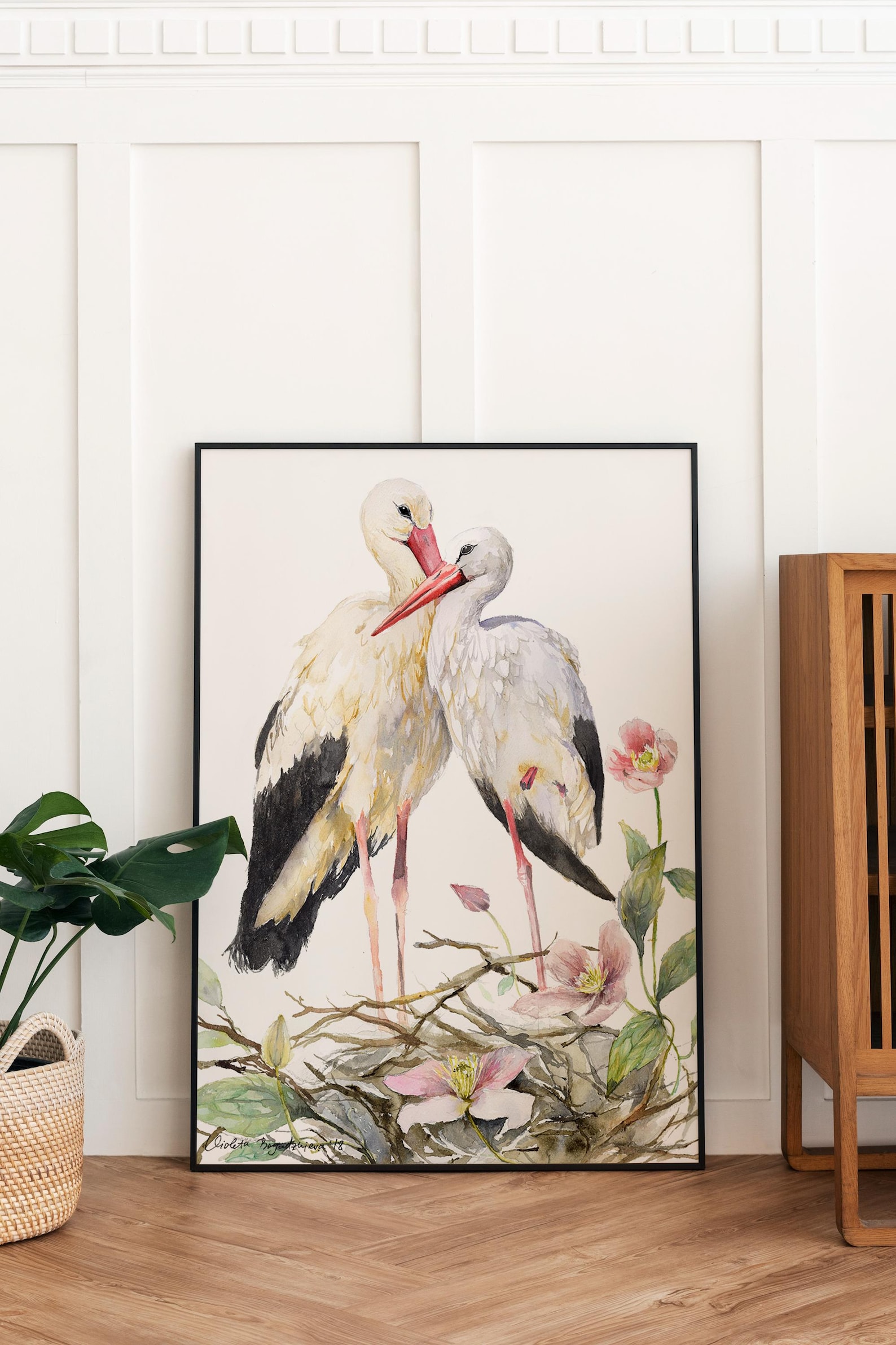 Stork Print Art, Watercolor Print, Stork Bird Nest Wall Print, Stork ...