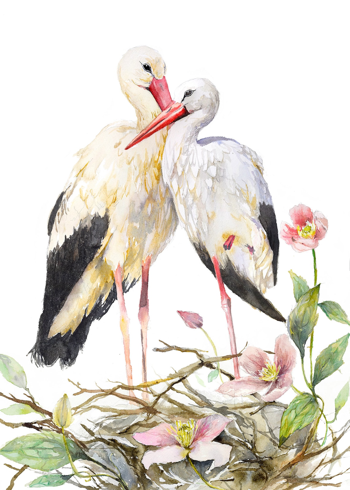 Stork Print Art Watercolor Print Stork Bird Nest Wall Print | Etsy