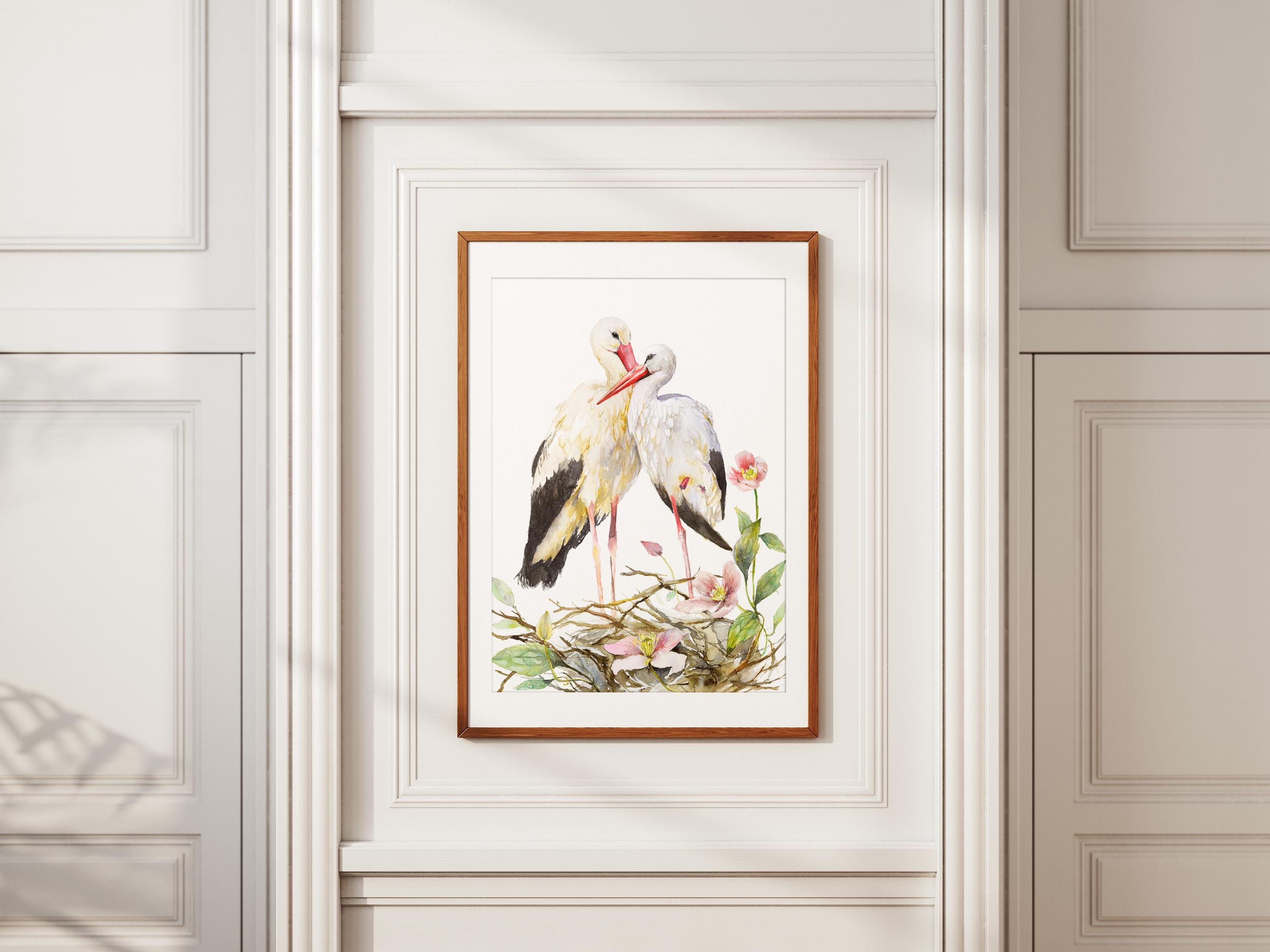 Stork Print Art, Watercolor Print, Stork Bird Nest Wall Print, Stork ...
