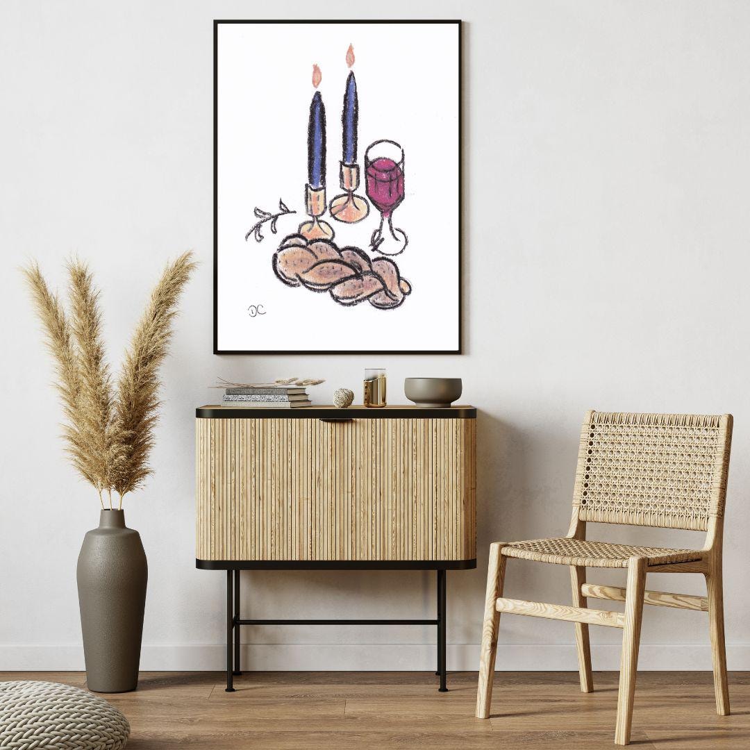 Shabbat Scene, the Sabbath Table, Chalk Pastel Drawing, Limited Edition ...