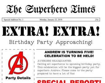 Superhero newspaper invitation | Etsy