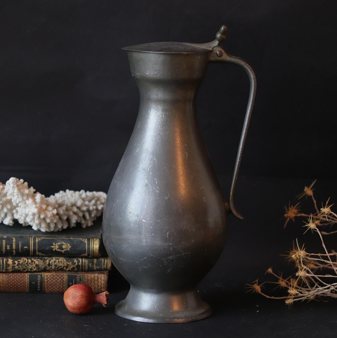 Large Antique Pewter Pitcher, 1900s French Ewer With Stopper, Lid With ...
