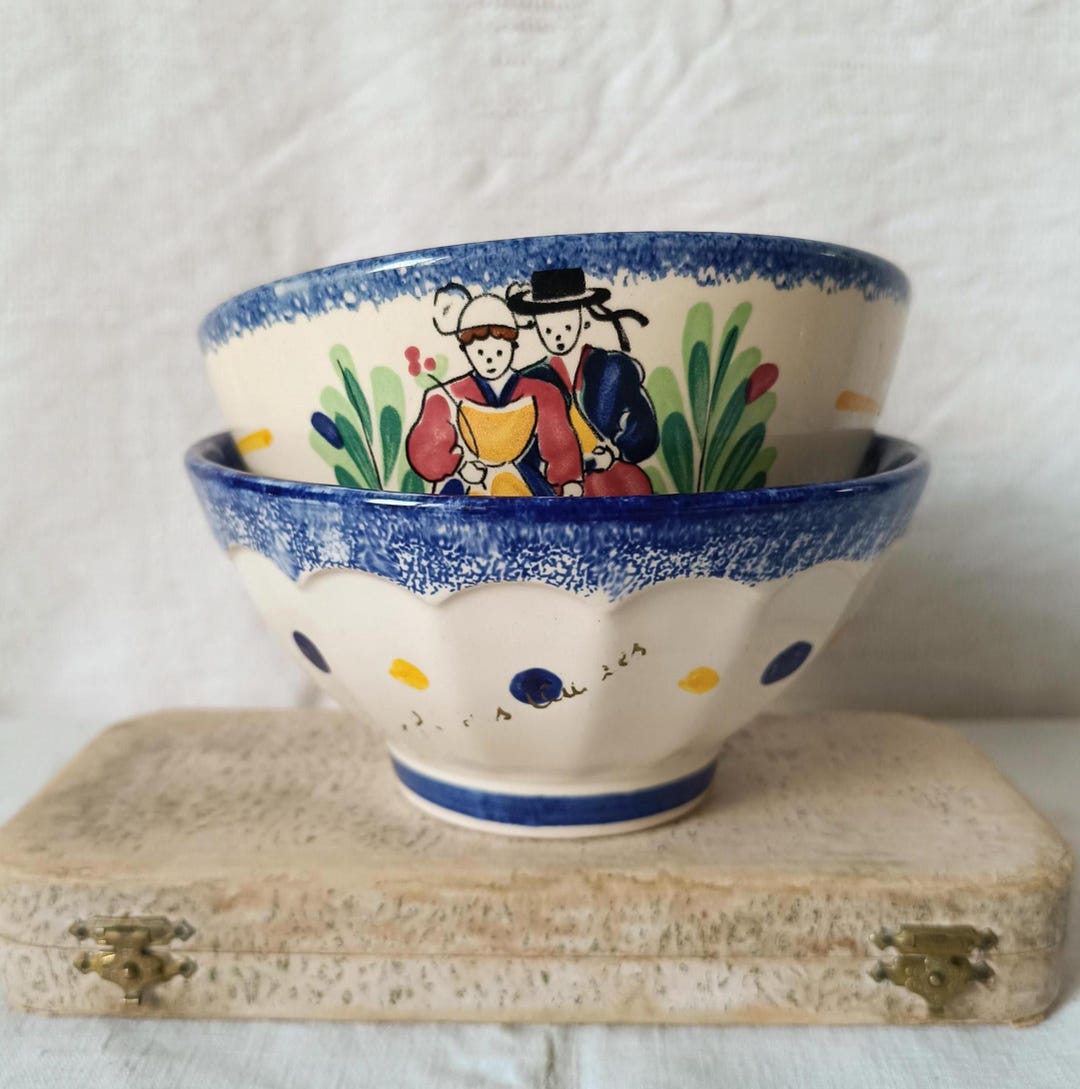 2 French Vintage Coffee Bowls With Handpainted Brittany Decor, White ...