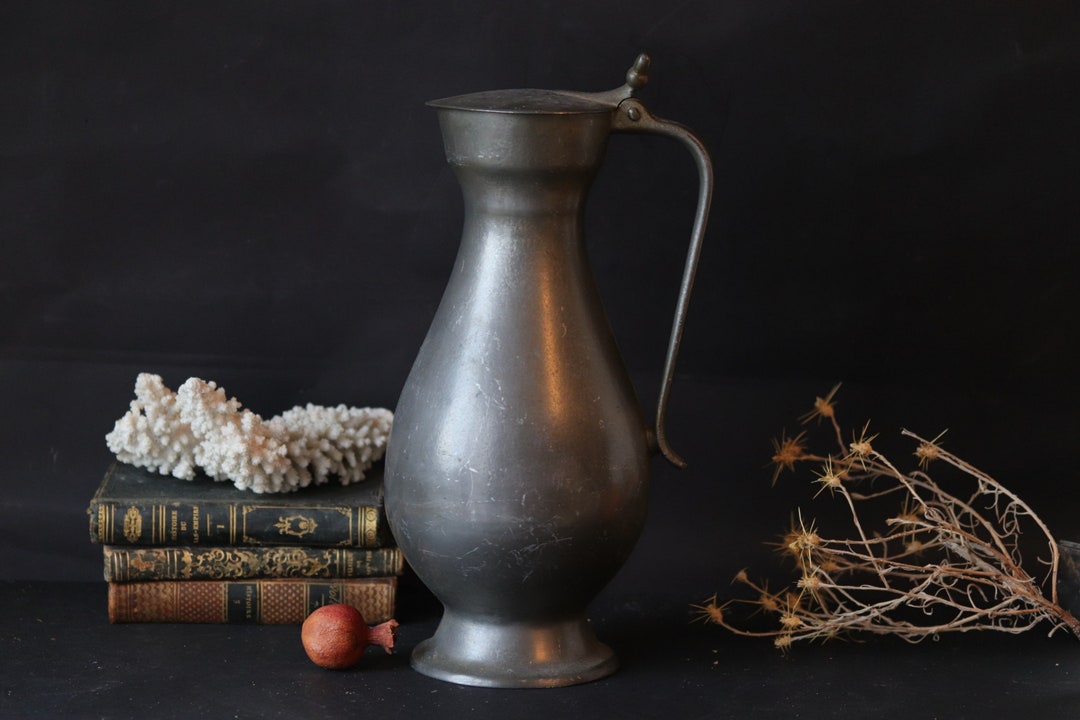 Large Antique Pewter Water Pitcher, 18th Century French Vintage Ewer ...