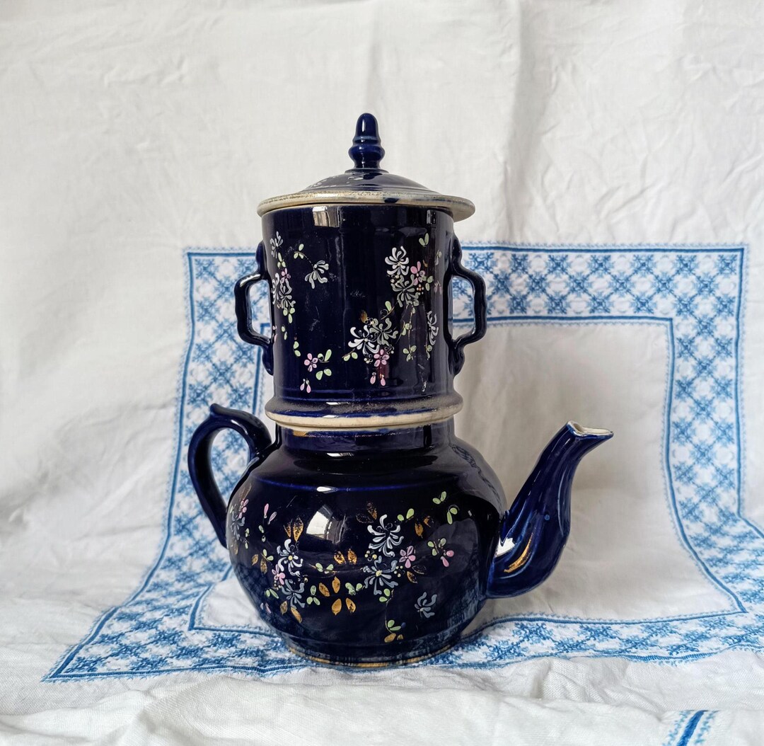 Antique French Napoleon III Coffeepot: Ink Blue Chinoiserie Floral ...