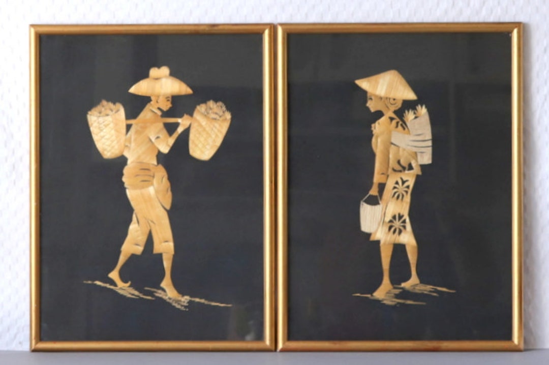 Vintage Framed Straw Collage Art: Vietnamese Rice Pickers, Eastern ...